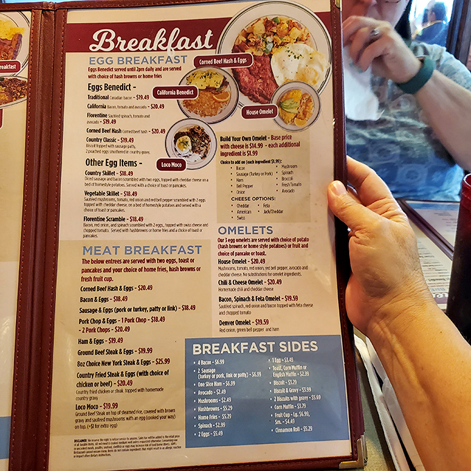 The breakfast menu reads like a love letter to morning hunger, with classics from Eggs Benedict to country-style favorites that grandmother would approve of.