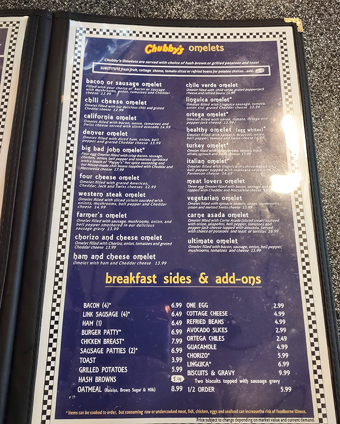 The menu at Chubby's reads like a greatest hits album of American comfort food. Twenty omelet options? That's not a menu&mdash;that's commitment.