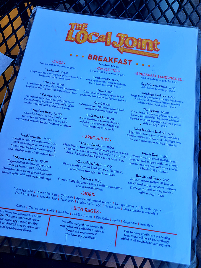 A breakfast menu that reads like a love letter to morning people. The "Southern Benny" had me at fried green tomatoes.
