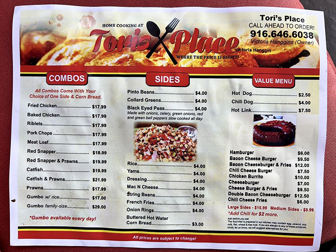 The menu at Tori's Place reads like a love letter to Southern and Creole cuisine. Fried chicken, gumbo, and catfish share the spotlight with hearty sides.