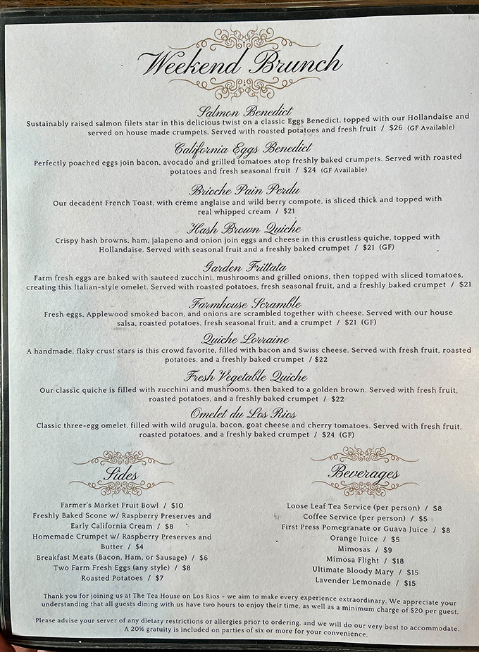 This menu isn't just food&mdash;it's a promise of civilized indulgence. The Hash Brown Quiche alone is worth canceling your afternoon plans.