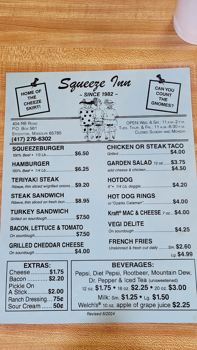 The menu doesn't mince words - it's all about that legendary "Cheeze Skirt" and counting gnomes. Simple pleasures, perfectly executed.