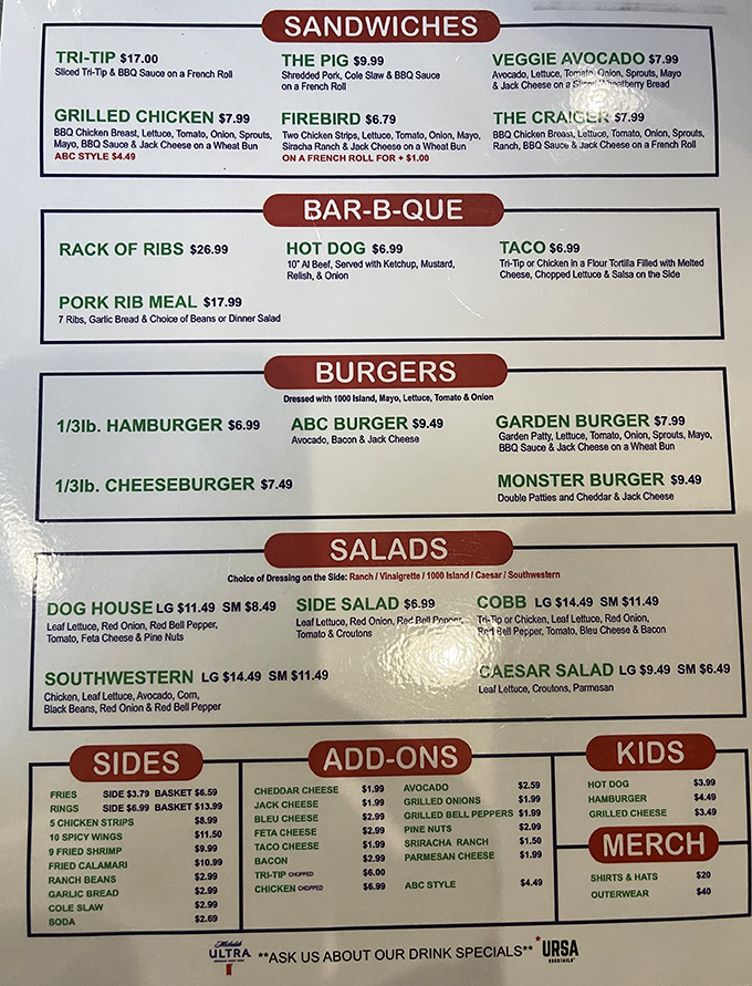 Life's big decisions happen at this menu board. The tri-tip sandwich has launched a thousand road trips.