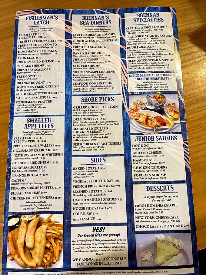 A menu that reads like seafood poetry. Notice that delightful disclaimer at the bottom&mdash;they "cannot be responsible for bones in the fish." Fair enough!