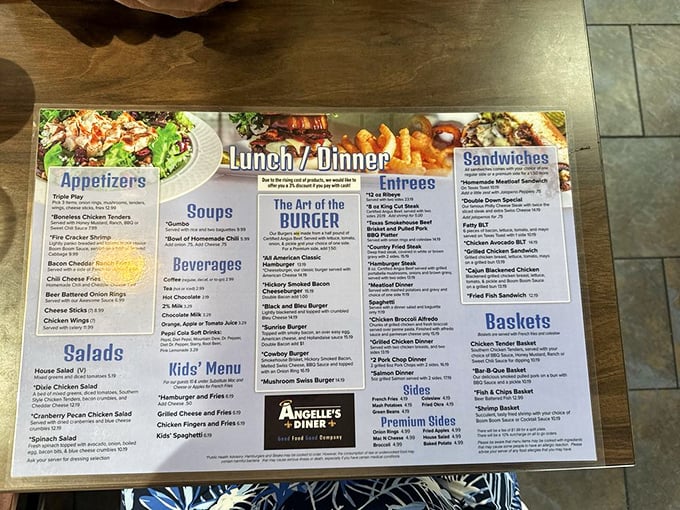 The menu reads like a love letter to American classics, with "The Art of the Burger" section promising edible masterpieces worth framing.