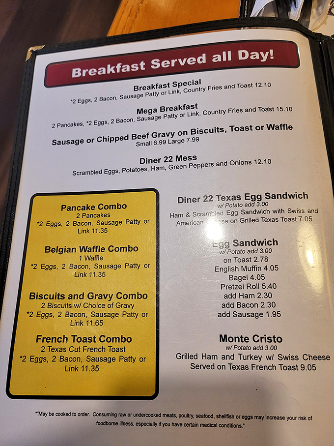 Breakfast served all day&mdash;three words that warm the soul. The menu reads like a love letter to American comfort classics, each promising satisfaction.