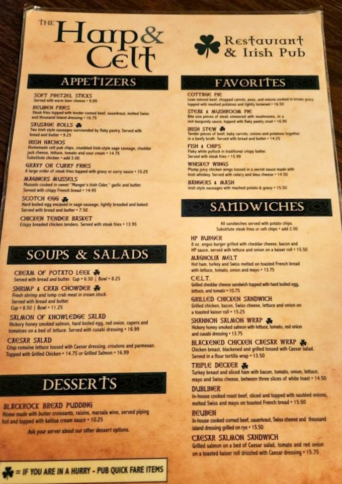 The menu reads like a love letter to Irish cuisine – from hearty Shepherd's Pie to crispy Fish & Chips, each dish promising a taste of the Emerald Isle.