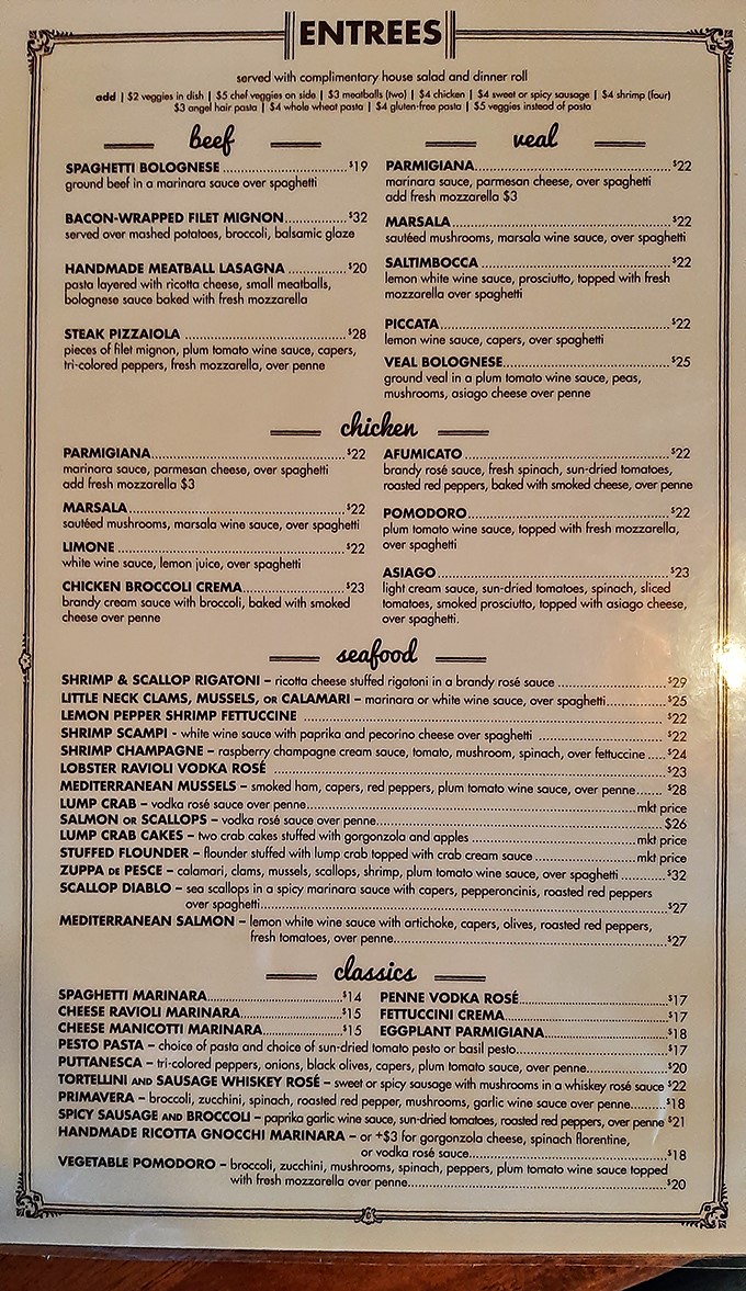 This menu isn't just a list of dishes&mdash;it's a roadmap to happiness with the legendary Lobster Ravioli Vodka Rose as your final destination.