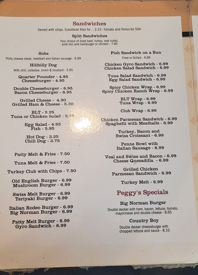 A menu that reads like your grandmother's recipe box exploded onto laminated glory.