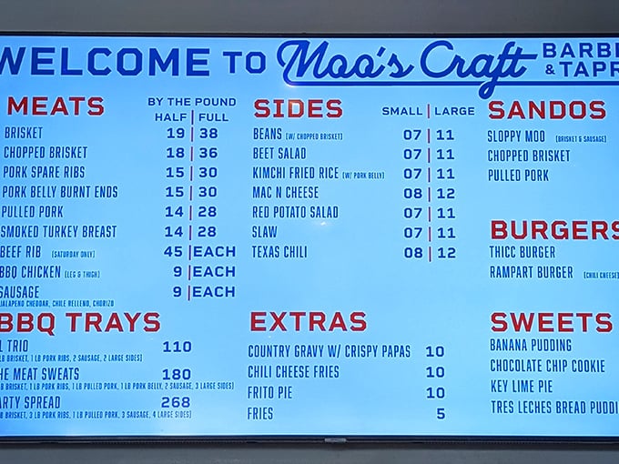 A menu board that reads like poetry to carnivores. Life's big decisions: brisket, ribs, or throwing caution to the wind and ordering both.