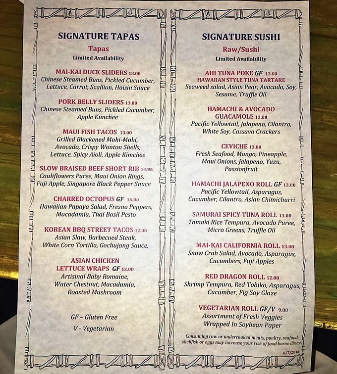 This menu isn't just food&mdash;it's a passport to Pacific flavors. From duck sliders to spicy tuna rolls, each dish tells a delicious story.