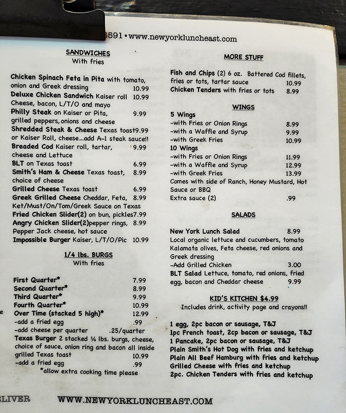 A menu that speaks volumes about priorities&mdash;hearty portions, diverse options, and the promise of crayons with kids' meals!