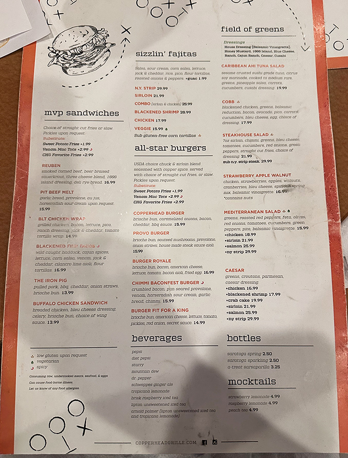 A menu that reads like a love letter to American comfort food. The playful layout suggests they're serious about casual dining without taking themselves too seriously.