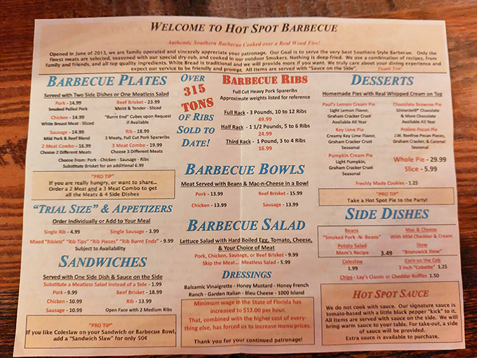 This menu isn't just a list &ndash; it's a roadmap to happiness. Note the proud declaration of "OVER 15 TONS OF RIBS TO DATE!" That's not a statistic; it's a badge of honor.