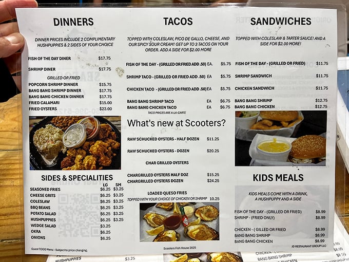 A menu that reads like poetry to seafood enthusiasts. Bang Bang Shrimp, char-grilled oysters, and hushpuppies &ndash; the holy trinity of Gulf Coast cuisine.