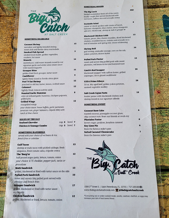 A menu that reads like a love letter to the Gulf. When "Something Shareable" is the first category, you know you're among friends.