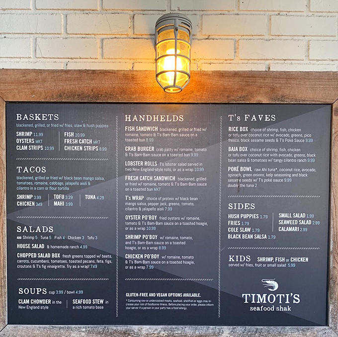 Timoti's menu reads like seafood poetry &ndash; baskets, handhelds, tacos, and bowls that make choosing just one item the day's most delightful challenge.