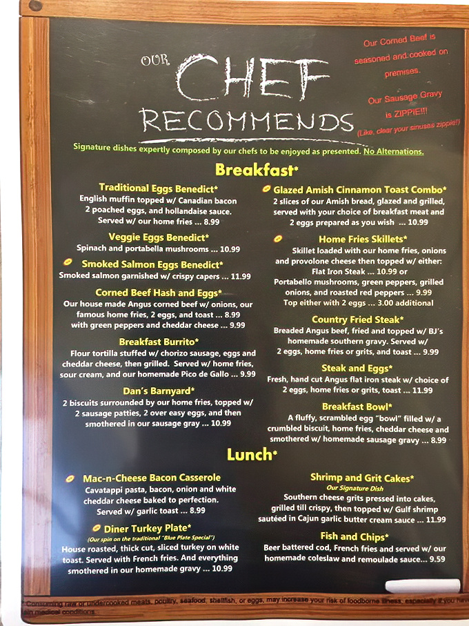 The chalkboard menu reads like a love letter to comfort food, with "ZIPPIE!!" sausage gravy that demands your sinuses prepare for takeoff.