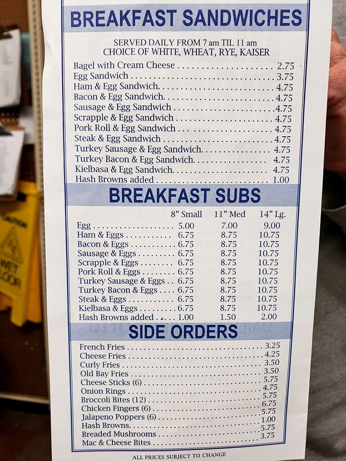 The breakfast menu reads like a love letter to morning hunger&mdash;scrapple, pork roll, and kielbasa options prove this isn't some California health spa.