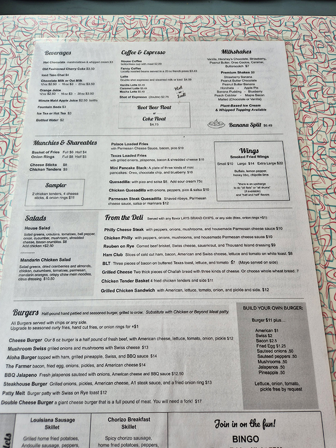 This menu reads like a love letter to Southern breakfast traditions, featuring everything from fluffy pancakes to hearty omelets.