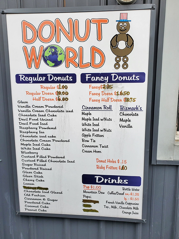 The menu board at Donut World follows a refreshingly simple taxonomy: Regular Donuts and Fancy Donuts. No PhD required to order breakfast here.