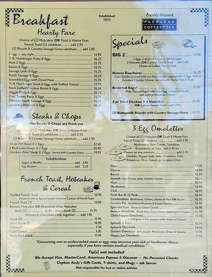 The menu reads like a love letter to American diner classics—where breakfast reigns supreme and affordability isn't just a dream.