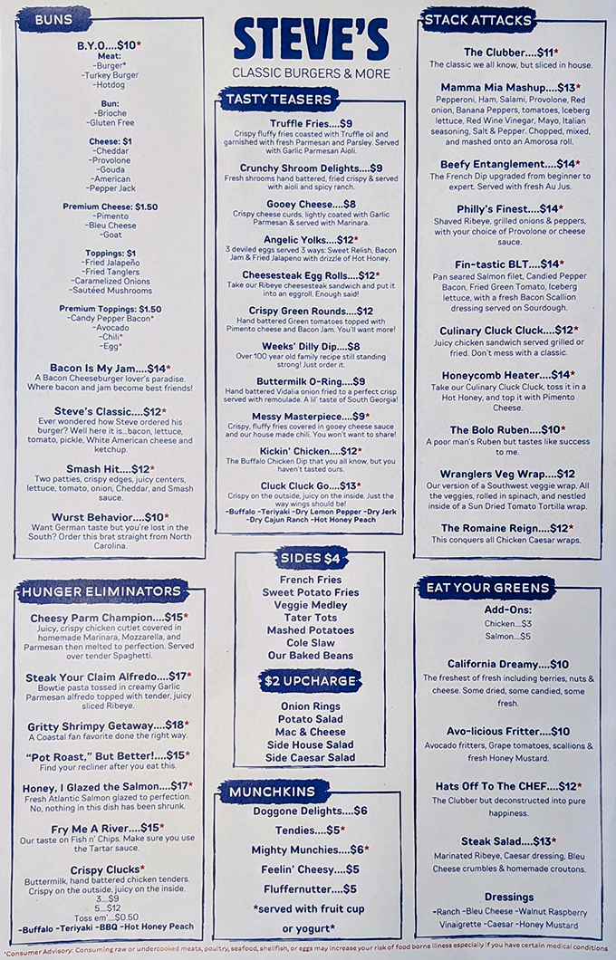 This menu reads like a love letter to comfort food. "Bacon Is My Jam" isn't just clever wordplay&mdash;it's a solemn promise.