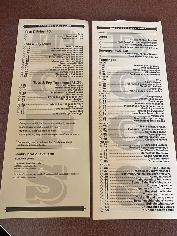 The menu reads like a mad scientist's experiment gone deliciously right—over 50 toppings from classic sauerkraut to wild cards like Froot Loops.