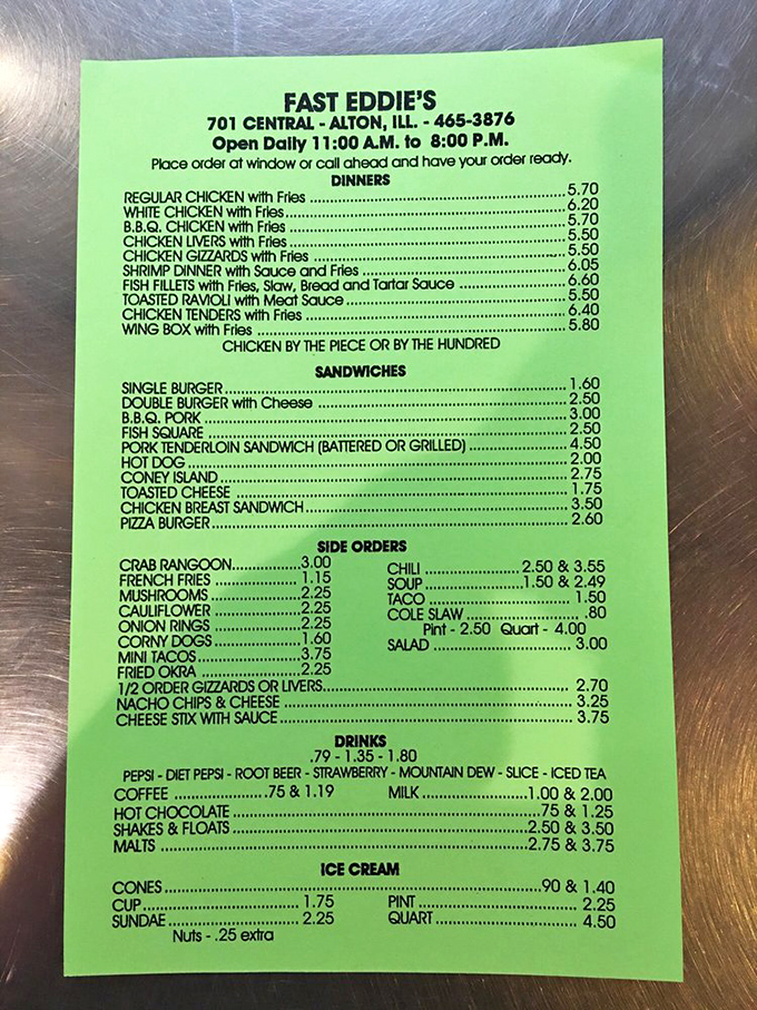 This green menu reads like poetry for fried food lovers, offering everything from gizzards to malts.