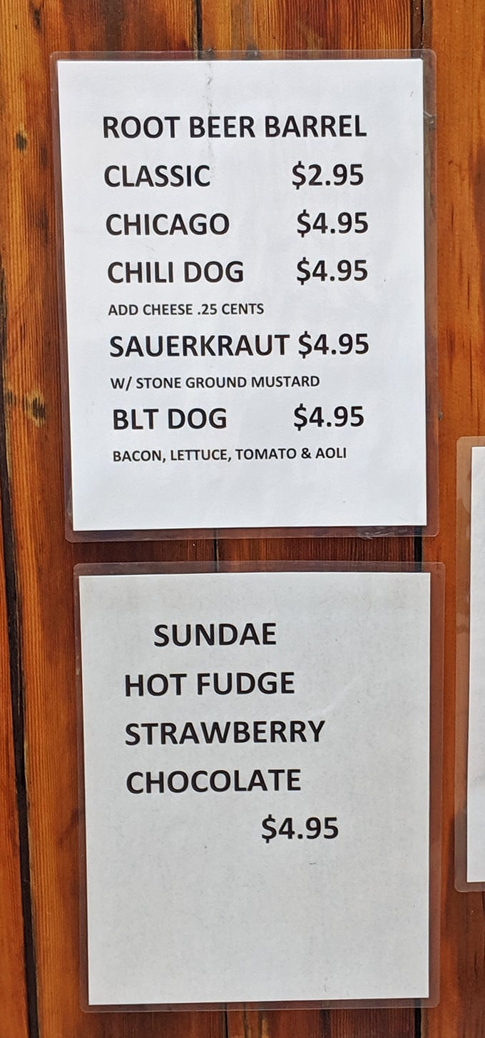 Simple pleasures, perfectly executed. The menu board reads like a love letter to American roadside classics, from Chicago dogs to hot fudge sundaes.