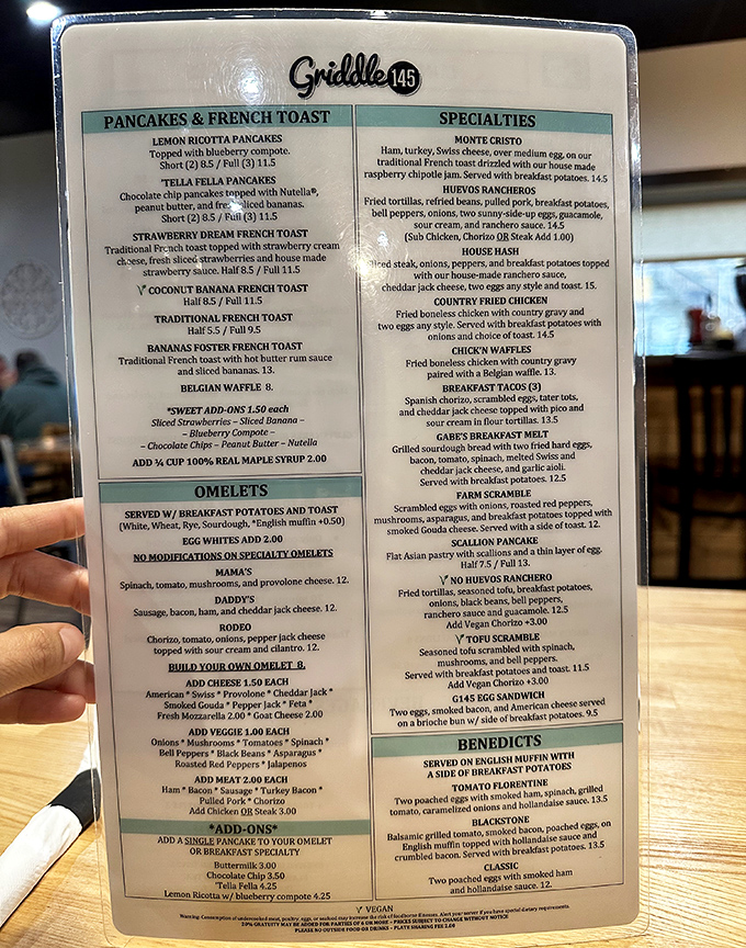 This menu isn't just a list of options&mdash;it's a roadmap to breakfast nirvana with Benedict pathways and pancake detours.