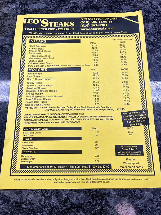 A treasure map of deliciousness. This yellow menu guides hungry explorers to their perfect sandwich destination.