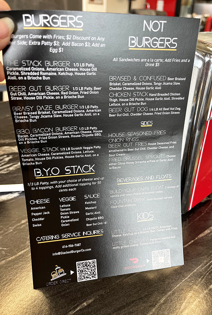 This menu isn't just a list&mdash;it's a roadmap to burger nirvana with clever names that promise flavor adventures.