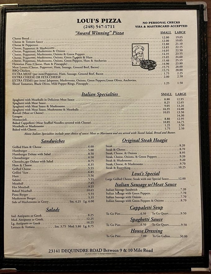 A menu that hasn't needed updating since bell-bottoms were in fashion. When you perfect Detroit-style pizza, why mess with success?