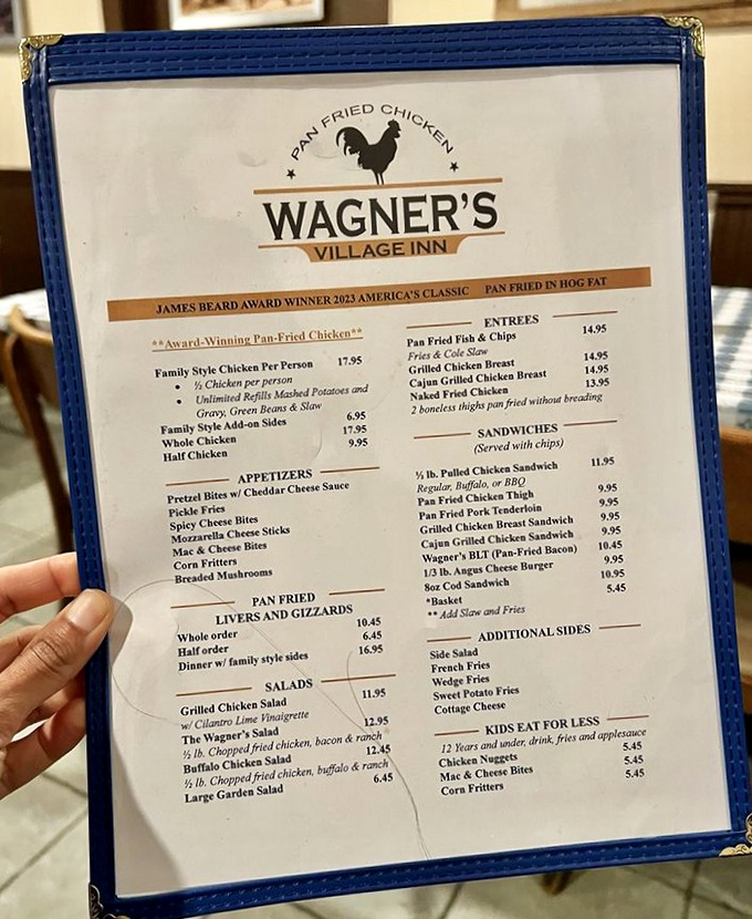 This menu reads like a love letter to fried chicken enthusiasts, featuring their James Beard Award-winning pan-fried perfection.