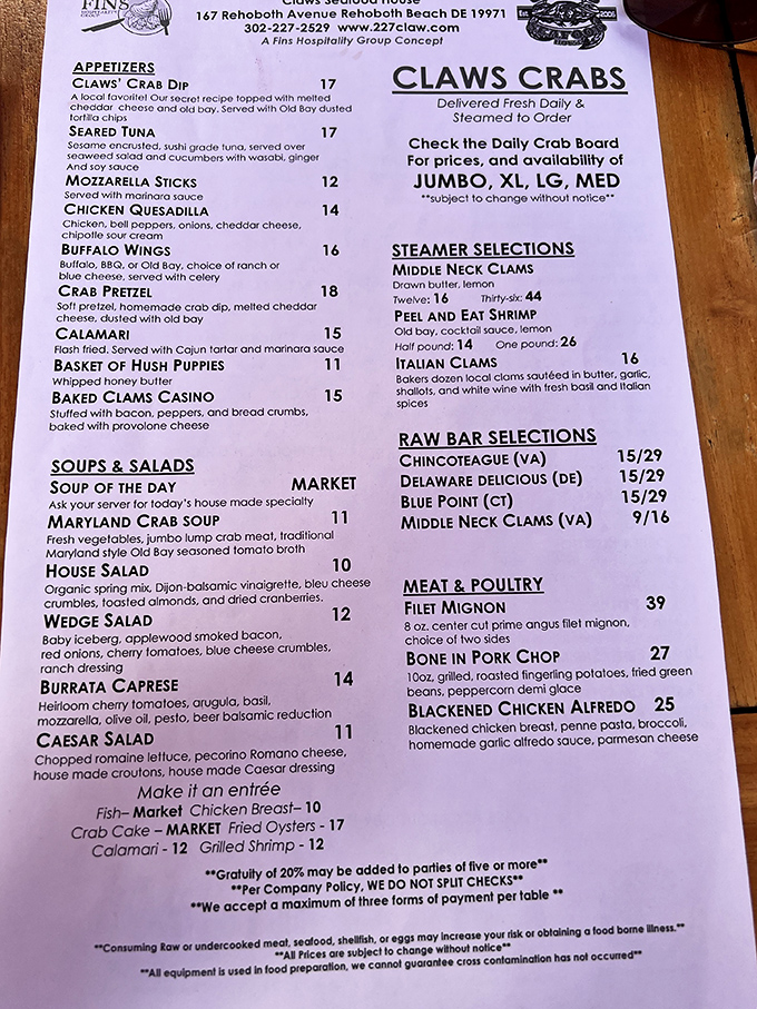 A menu that reads like a love letter to the ocean. Each item represents decades of seafood expertise and Delaware coastal tradition.