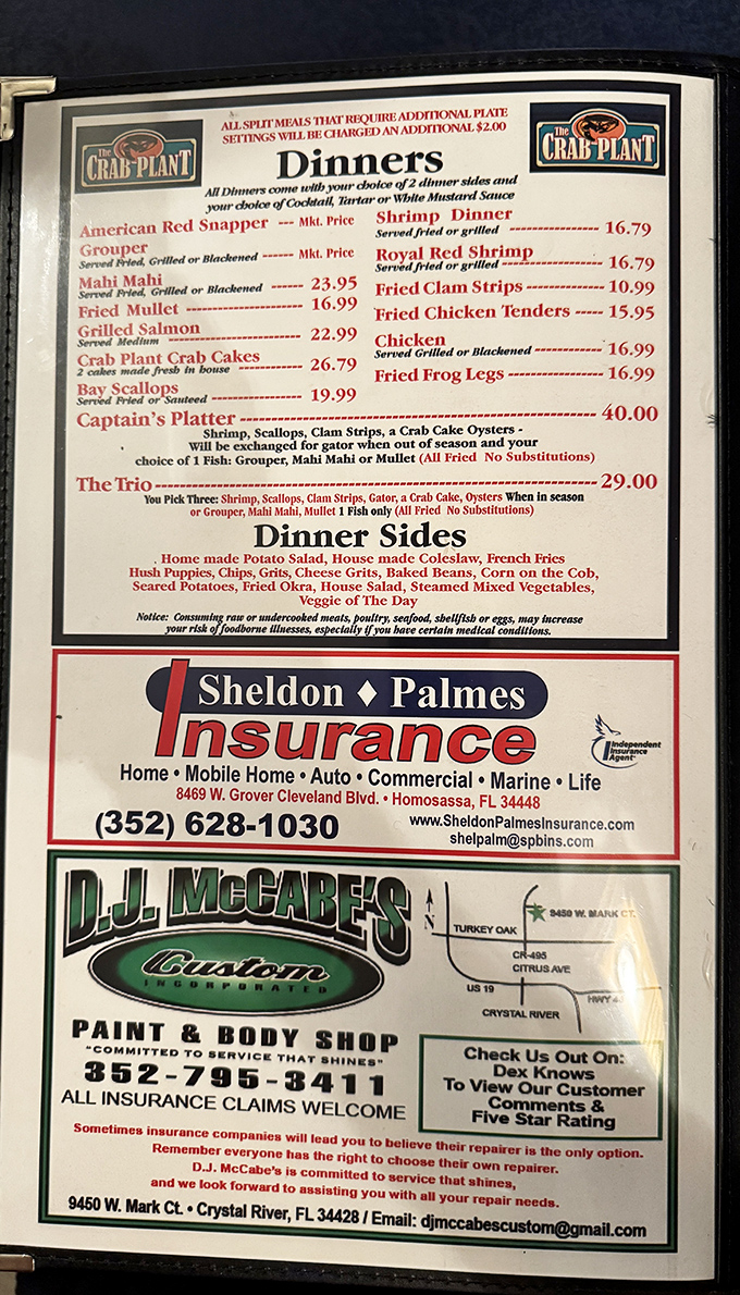 A menu that reads like a love letter to Florida's waters. The hardest decision you'll make today is choosing just one thing.