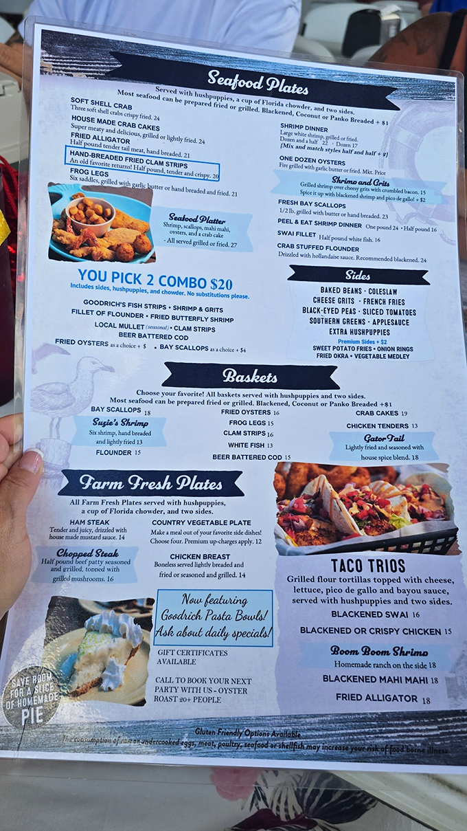 This menu isn't just a list of dishes—it's a treasure map to seafood nirvana. The "You Pick 2 Combo" is calling my name!
