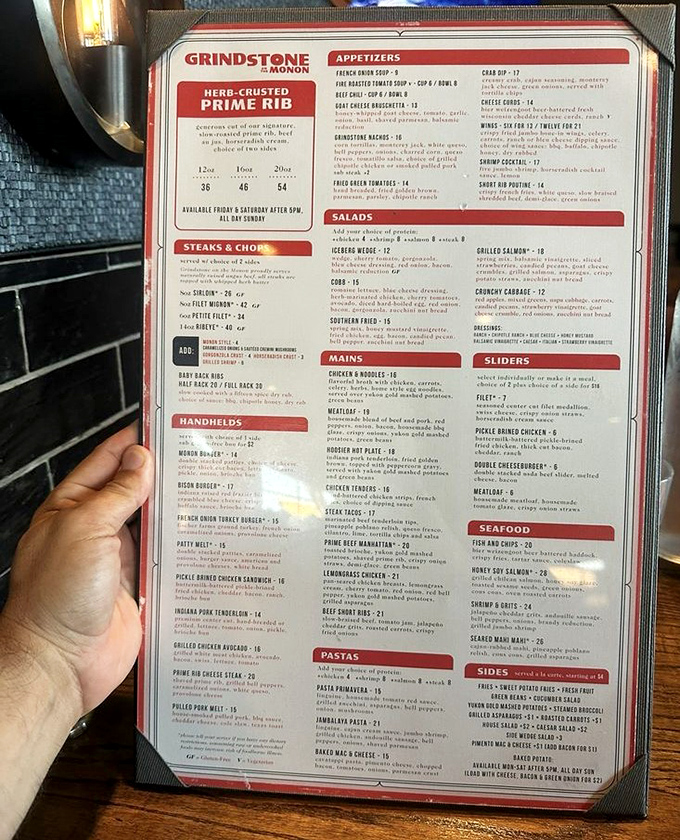 A menu that requires strategic planning. Like chess, but delicious. The herb-crusted prime rib is the queen—powerful and worth protecting at all costs.