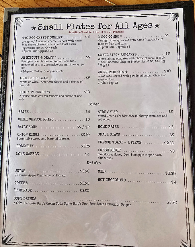 This menu reads like a love letter to comfort food classics. The "Jr Biscuit & Gravy" might be junior in name, but it's a heavyweight in flavor.