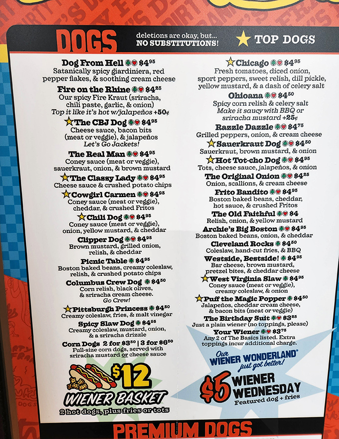 The menu reads like hot dog poetry&mdash;each creation more audacious than the last, from "Dog From Hell" to the hometown pride "Columbus Crew Dog."