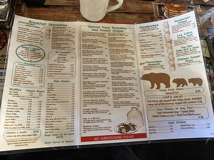 The menu reads like a breakfast lover's manifesto. So many pancake varieties, you might need to schedule a week-long tasting tour.