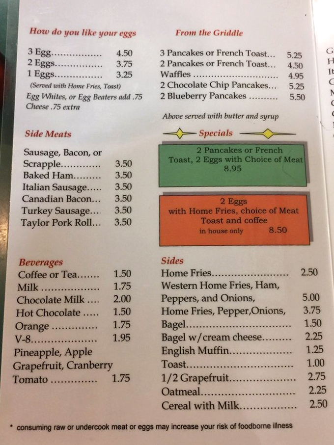A menu that hasn't surrendered to food trends or fancy descriptions&mdash;just honest breakfast classics at prices that won't make your wallet weep.