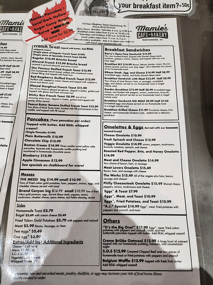 This menu isn't just a list&mdash;it's a roadmap to breakfast nirvana. The Philly Cheesesteak Omelet beckons from the right column like a siren song.