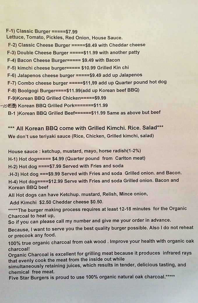 This menu reads like a love letter to burger enthusiasts, with the special note about organic oak charcoal revealing the secret behind their mouthwatering magic.