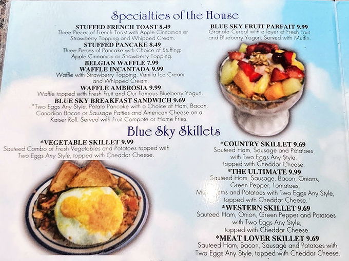 The menu reads like a love letter to breakfast classics, with stuffed pancakes and skillets that could make even night owls consider becoming morning people.