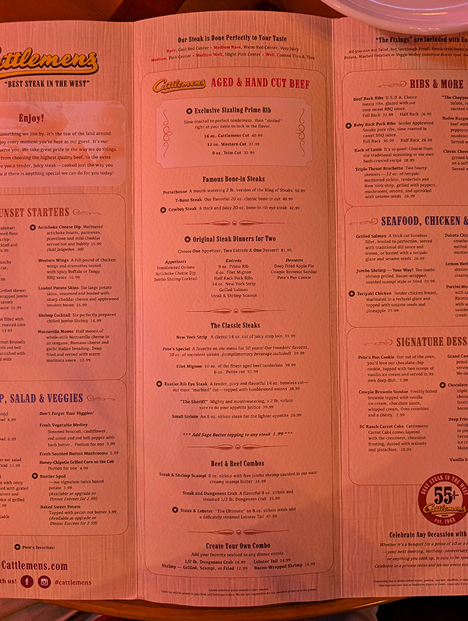 The menu doesn't need fancy fonts or pretentious descriptions&mdash;it proudly proclaims "Best Steak in the West" because when you've got it, flaunt it.