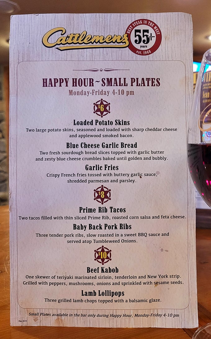 The happy hour menu reads like a carnivore's love letter&mdash;loaded potato skins and prime rib tacos are just appetizers for the main event.