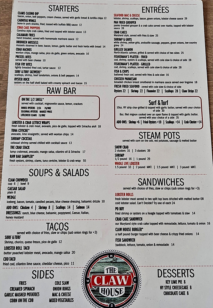 This menu isn't just a list of dishes&mdash;it's a maritime treasure map where X marks the spot for lobster rolls and steam pots.