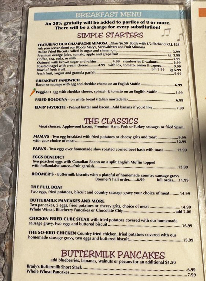 The menu reads like a love letter to breakfast classics. "Elvis' Favorite" with optional banana? The King would approve.